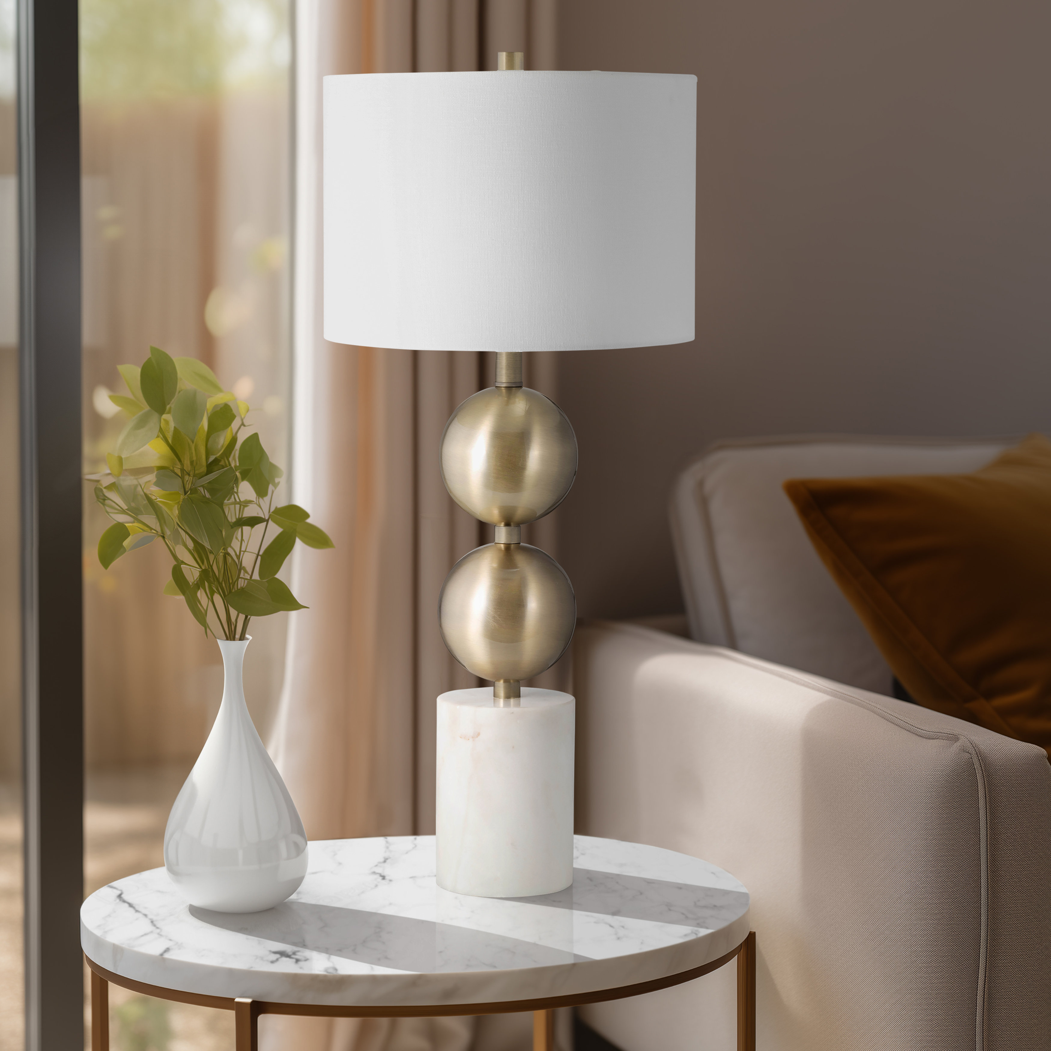 Everly Quinn Modern Neutral Marble, 31" Stacking Orbs Table Lamp, Gold and White - 13.5" x 13.5 ...